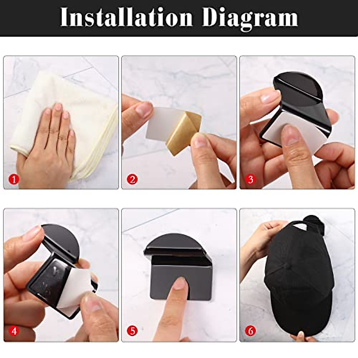 12 Pieces Adhesive Hat Rack for Wall, Acrylic Baseball Hat Holder Organizer No Drilling Hat Holder Stick on Hat Hook Hat Display Shelf for Home, Office, Black