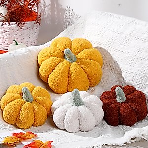 4 Pcs Pumpkin Throw Pillow Cushion 3D Thanksgiving Pillow Fall Pumpkin Pillow Fluffy Stuffed Pillow Plush Pillow for Thanksgiving Bedroom Sofa Supplies 11 Inches, 7 Inches(White, Yellow, Brown, Pink)