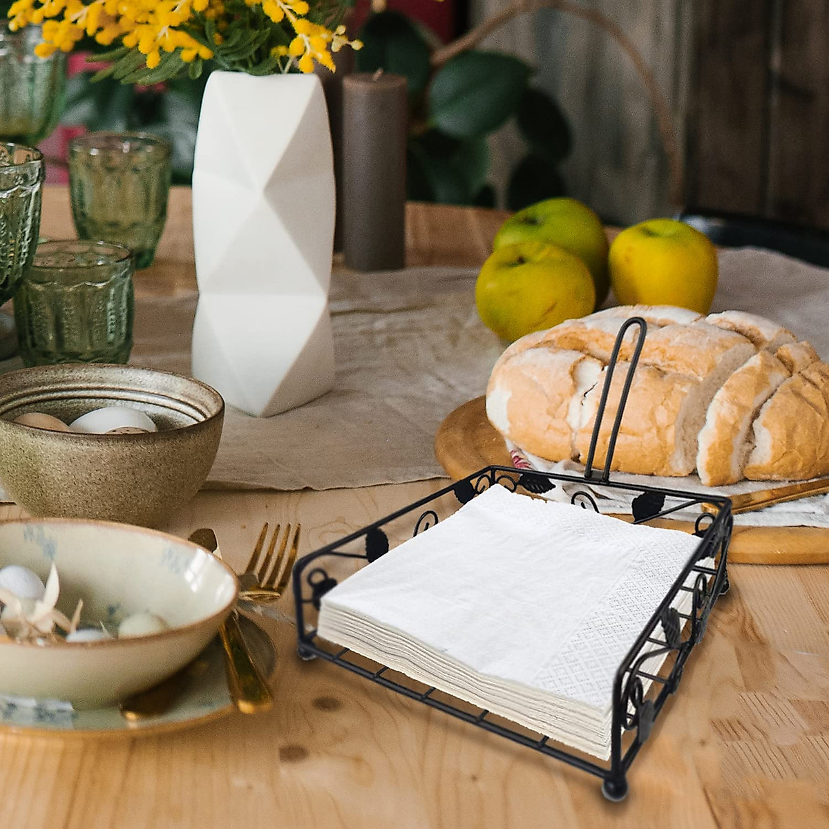 Iron Rustic Napkin Holder for Table – Flat Napkin Holder with Secure Pivoting Arm for Kitchen Tissue – Home Decor Black Napkin Holder with Bronze Leaves – Indoor and Outdoor Kitchen Decor by Maypes