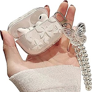 MINSCOSE Cute Airpod pro 2 Clear Case with Keychain ,Cute Bling Glitter Butterfly Pattern Design Soft Silicone Smooth Shockproof Compatible with Airpods Pro Charging Case for Girls Women