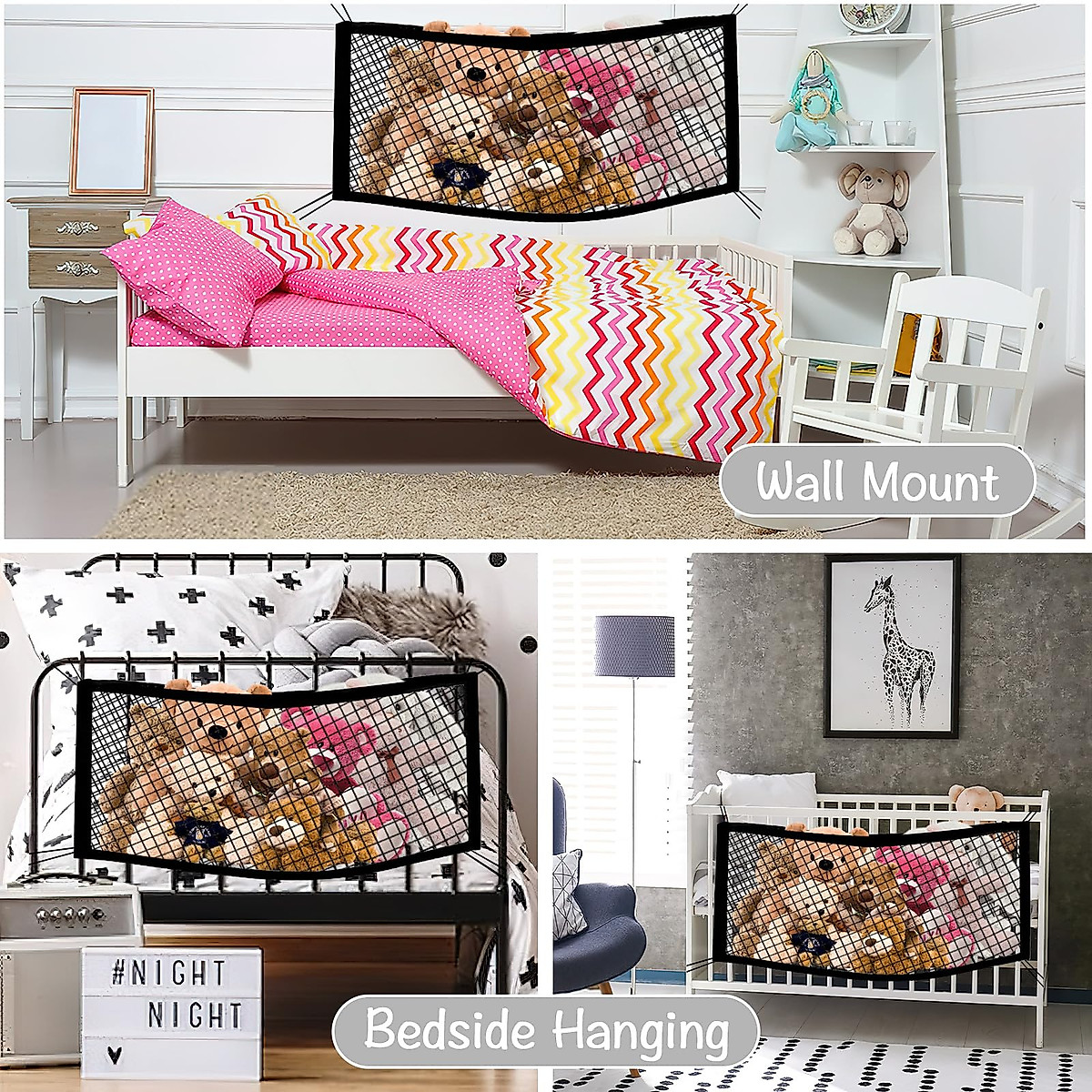 Stuffed Animal Net, Bedside Stuffed Animal Storage Net, Storage Net with Tether for Stuffed Animal Toys, Elastic Bedside Stuffed Animals Net or Hammock with Tether, Expand to 35 Inch 90cm (Black)