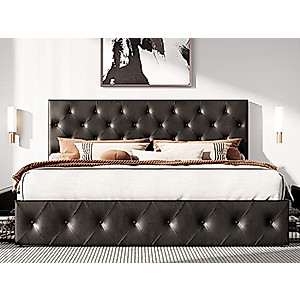 HOOMIC King Platform Storage Bed Frame with 4 Drawers & Adjustable Headboard, Wooden Slats, No Box Spring Needed,Diamond Stitched Button Tufted Design, Noise Free, Black Brown
