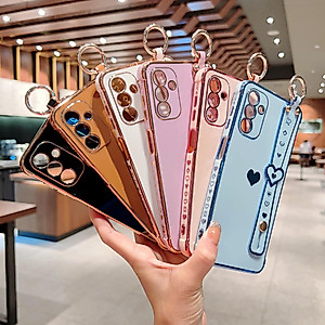 DEFBSC Compatible with Samsung Galaxy A14 5G Case, Electroplated Edge Love Heart Case with Wrist Strap, Full Camera Protection Raised Reinforced Corners Shockproof Soft TPU Cover, Pink