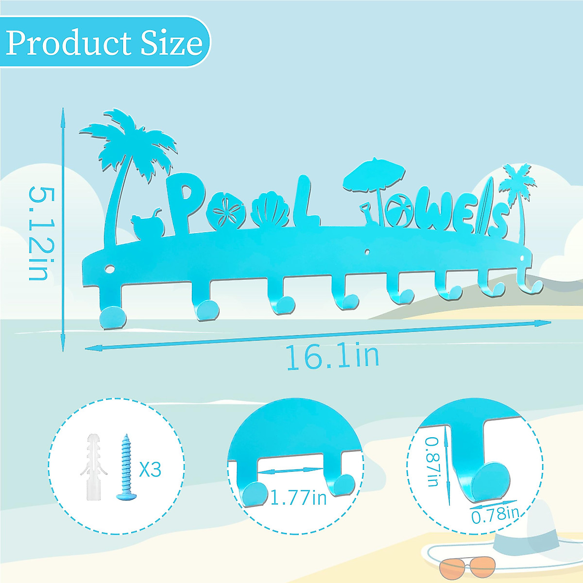 Pool Towel Rack for Bathroom Metal Towel Hooks Wall Mounted Towel Holder Pool Towel Rack Outdoor Beach Towel Rack for Pool Outside with 8 Hooks for Hanging Towels, Clothes, Pool Area Decor (Blue)