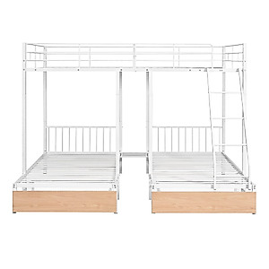 BIADNBZ Full Over Twin & Twin Triple Bunk Bed with Two Drawers, Metal 3 in 1 Bedframe with Guardrails, L-Shaped, for Kids Teens Adults Bedroom, White