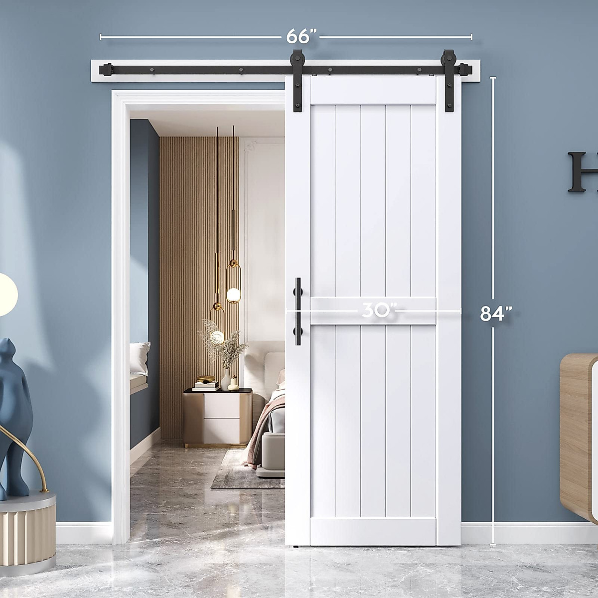 EaseLife 30in x 84in Sliding Barn Door with 5.5FT Barn Door Hardware Track Kit Included,Solid LVL Wood Slab Covered with Water-Proof & Scratch-Resistant PVC Surface,DIY Assembly,Easy Install,White