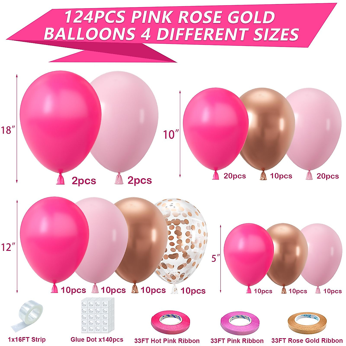 YAOWKY 124PCS Pink Balloon Arch Garland Kit with Different Size 18 12 10 5 Inch Pastel Hot Pink Metallic Rose Gold Confetti Balloons for Princess Theme Wedding Valentine's Day Party Decorations