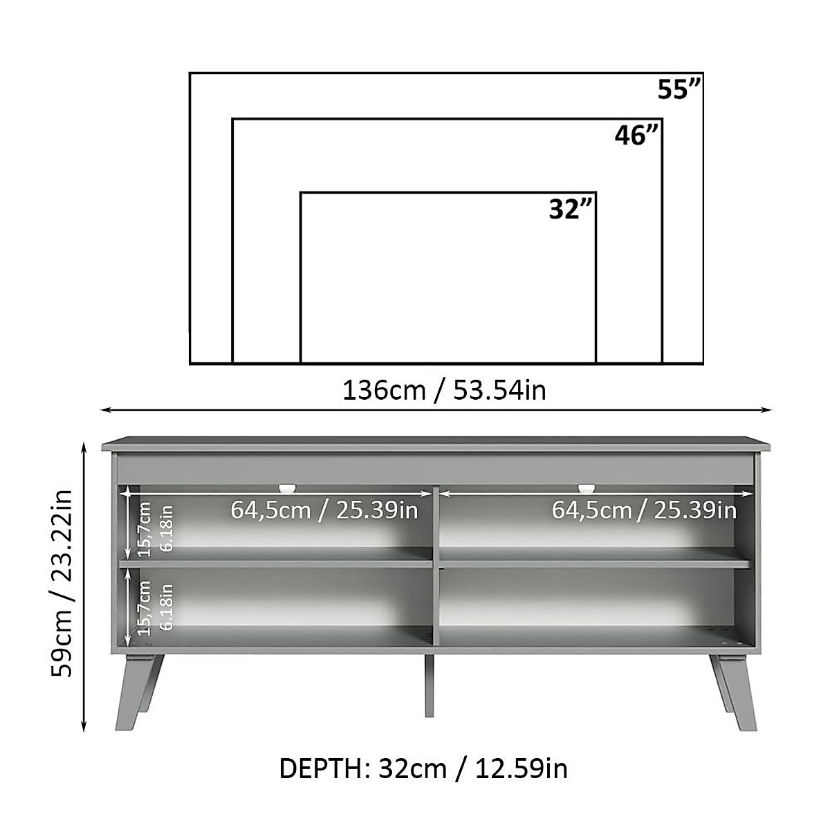 Madesa Compact TV Stand Cabinet with 4 Shelves and Cable Management for 50, 55 Inch TV Media Storage Unit Living Room and Bedroom Modern Wooden Television Media Console - Grey