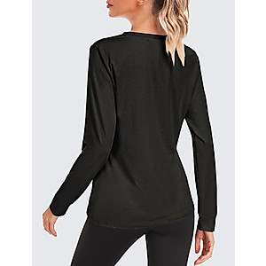 PINSPARK Long Sleeve Workout Tops for Women Yoga Shirts Crewneck Athletic Gym Running Sport Casual T-Shirt Black X-Large
