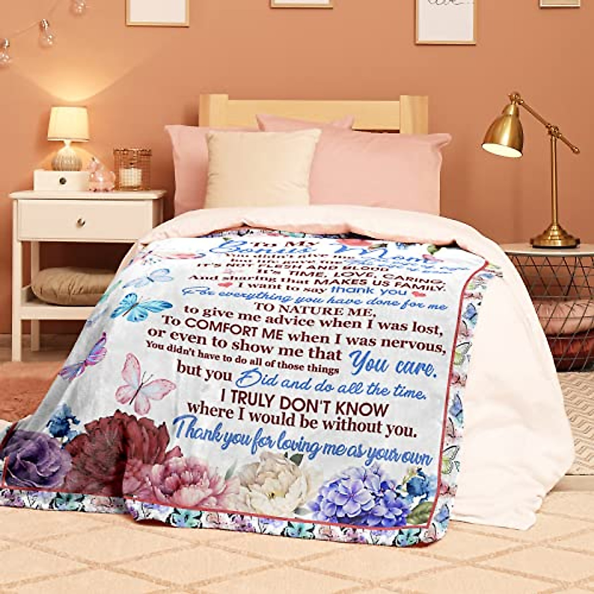 to My Bonus Mom Blanket Gifts from Daughter Son Thank You Mom Blanket Presents Floral Butterfly Fleece Soft Throw Blankets Mothers Day Christmas Birthday Gifts for Bonus Mom Couch Bed 50 * 60 Inch