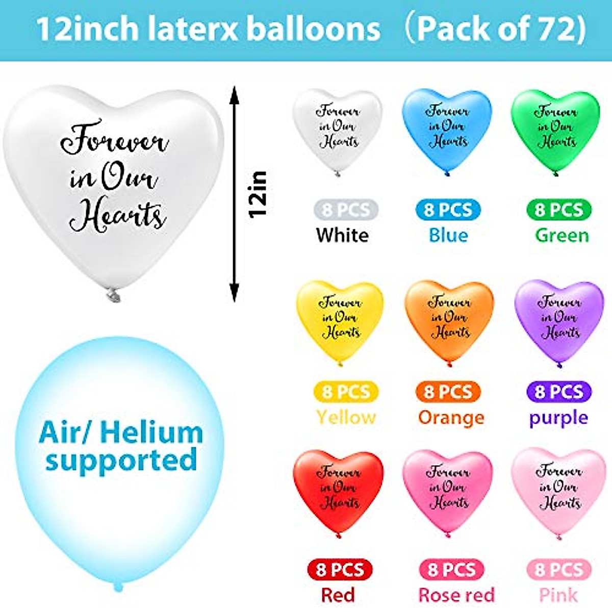 72 Pieces Memorial Balloons Funeral Balloon Heart Memory Balloons to Release in Sky Remembrance Personalized Balloons for Loss Beloved One with 2 Rolls White Ribbon for Funeral Memorial Decorations