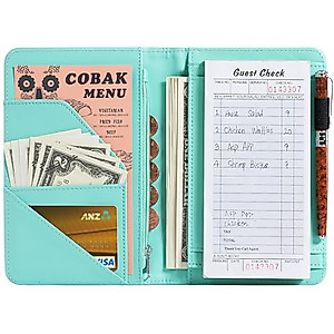 CoBak Server Book - Waitress Book Organizer with Zipper Pouch for Restaurant Waitstaff, 5 Large Pockets with Pen Holder, Mint Green.