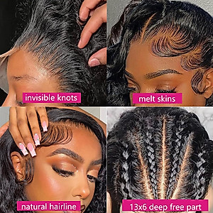 JADEFLO 13x4 Deep Wave 24 inch Lace Front Wigs Human Hair Pre Plucked with Baby Hair 180 Density Curly lace frontal Wigs for Women Human Hair HD Lace Deep Wave Frontal Wig Natural Color (24 Inch)