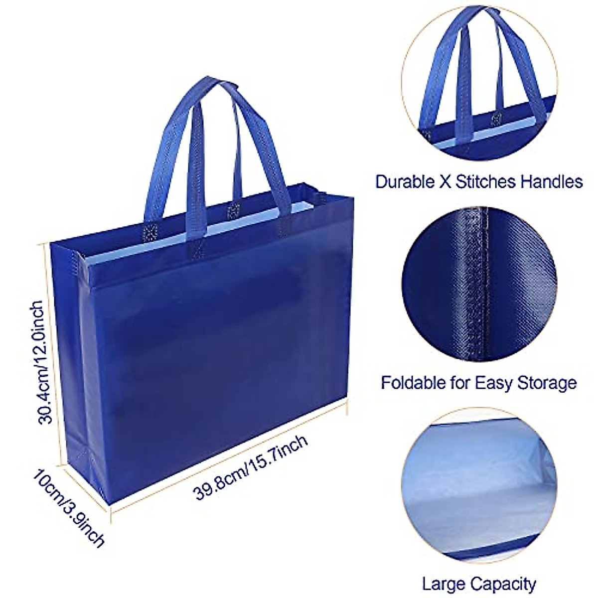 20Packs Reusable Grocery Bags with Handle, Large Non-Woven Shopping Bag Foldable, Royal Blue Tote Bags for Groceries Gift Party Wedding Christmas