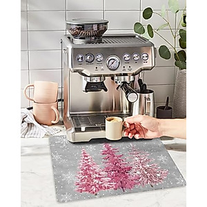 LaBLUUX Coffee Mat for Counter, Pink Christmas Xmas Tree Snowflake Grey Absorbent Hide Stain Coffee Bar Mat, Non-Slip Coffee Bar Accessories Kitchen Drying Mat Fit Under Coffee Maker Espresso Machine