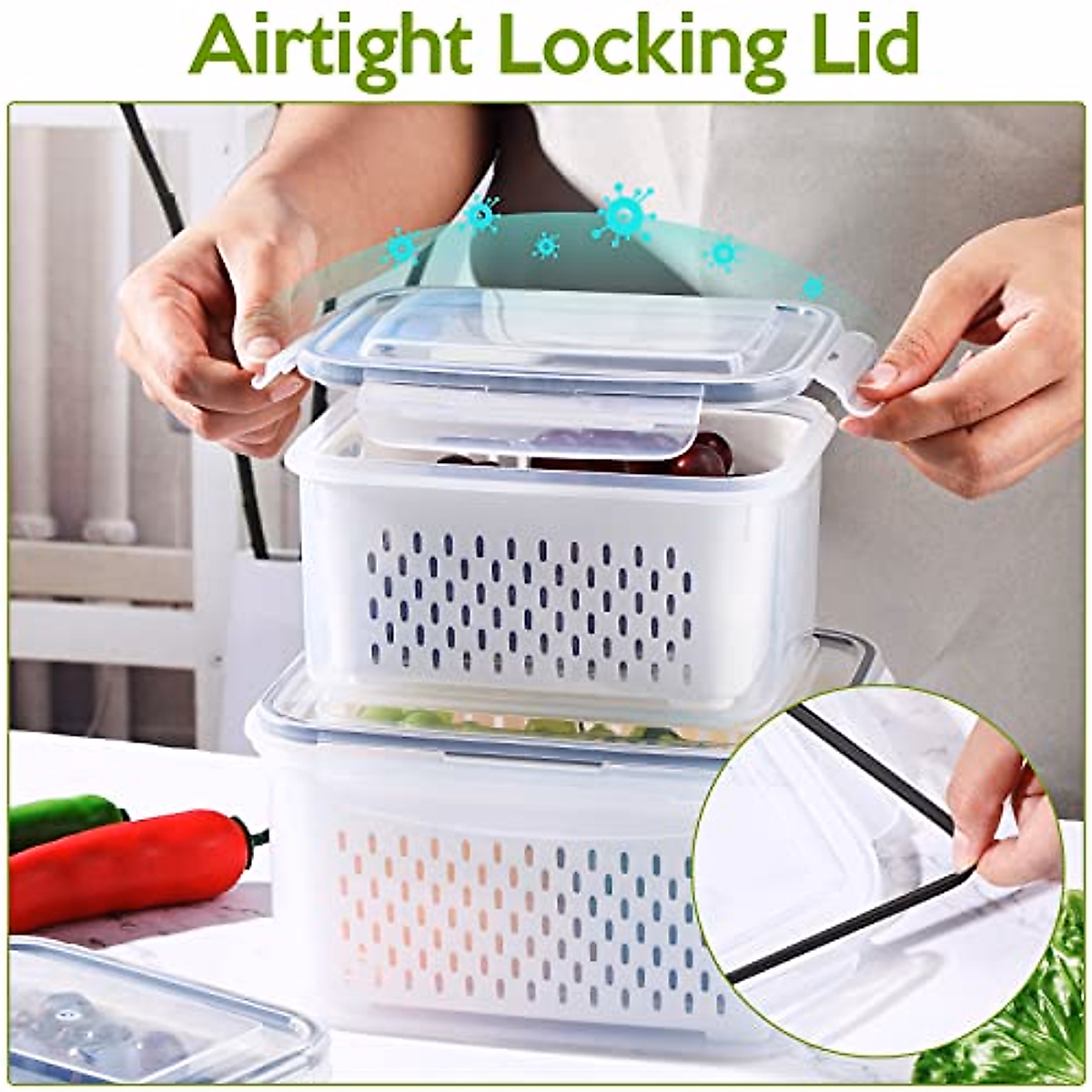 Potchen 6 Pieces Fruit Storage Containers for Fridge Produce Saver Containers with Drain Baskets Fridge Organizers with Airtight Lid Fruit Vegetable Storage Containers Organizer for Refrigerator