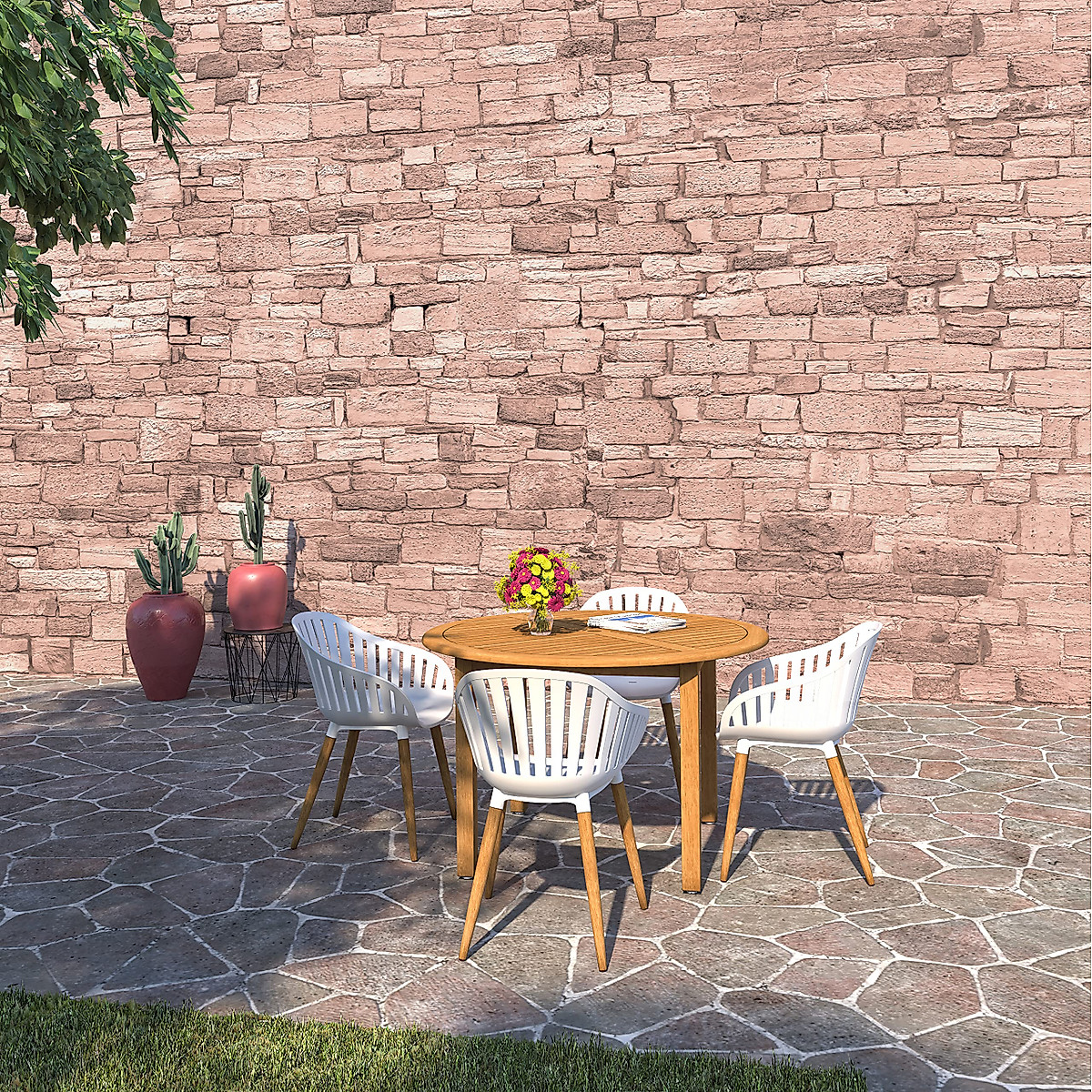 Urban Elements Nature 5-Piece Wood Patio Furniture Set | Teak Finish 100% FSC Eucalyptus | Backyard, Outside Table and Chairs, Round Outdoor Dining Set for 4, Patio Dining Set for 4 (White)