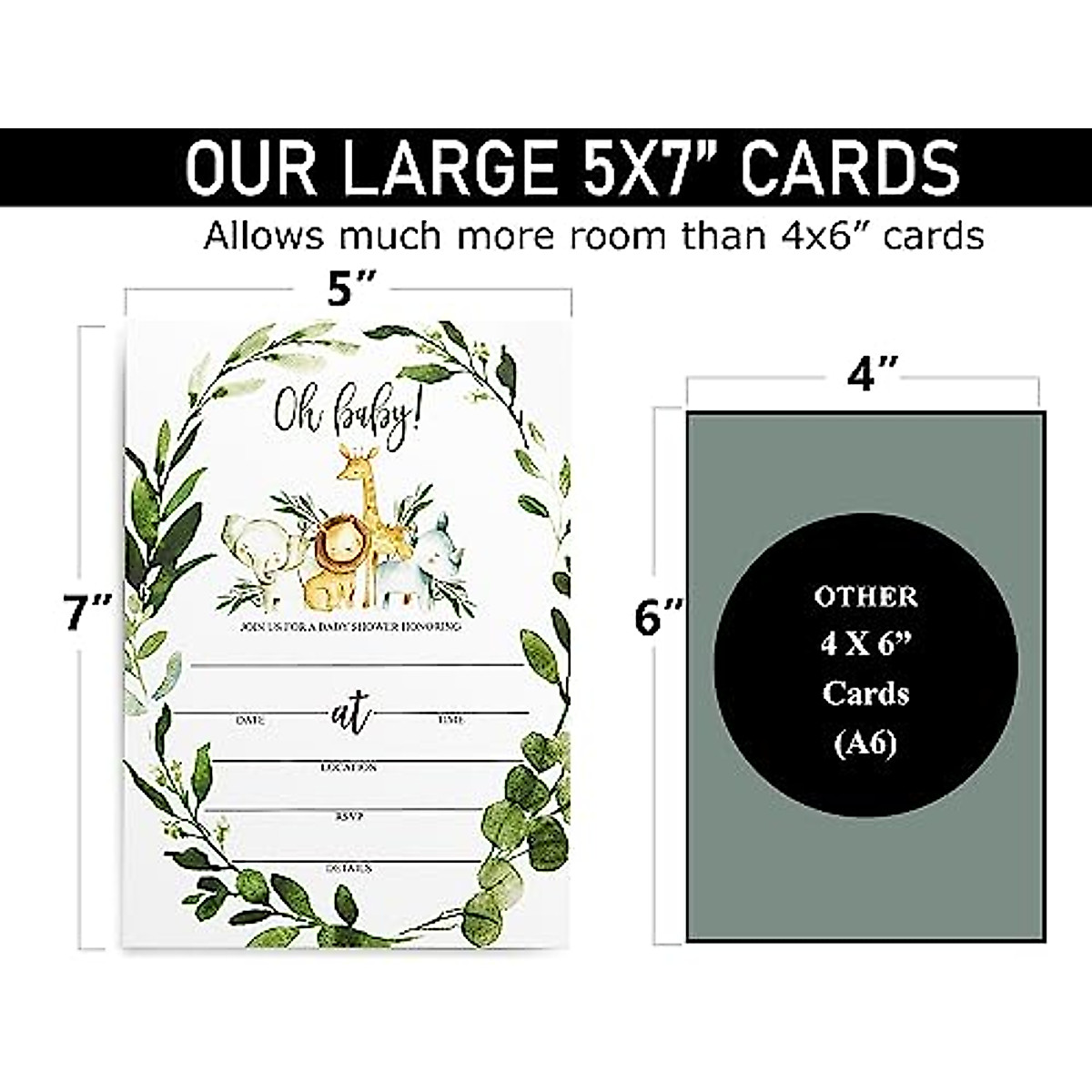 25 Wreath Safari Greenery Baby Shower Invitations (Large Size 5X7 inches), Diaper Raffle Tickets, Baby Shower Book Request Cards with Envelopes Jungle Animal Invites for Boy Neutral Baby Showers