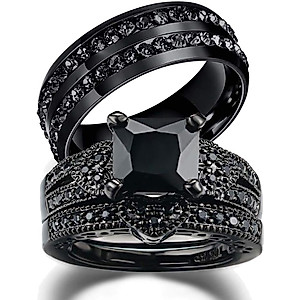 LOVERSRING Couple Ring Bridal Set His Hers Black Stainless Steel 10k Black Wedding Ring Band Set