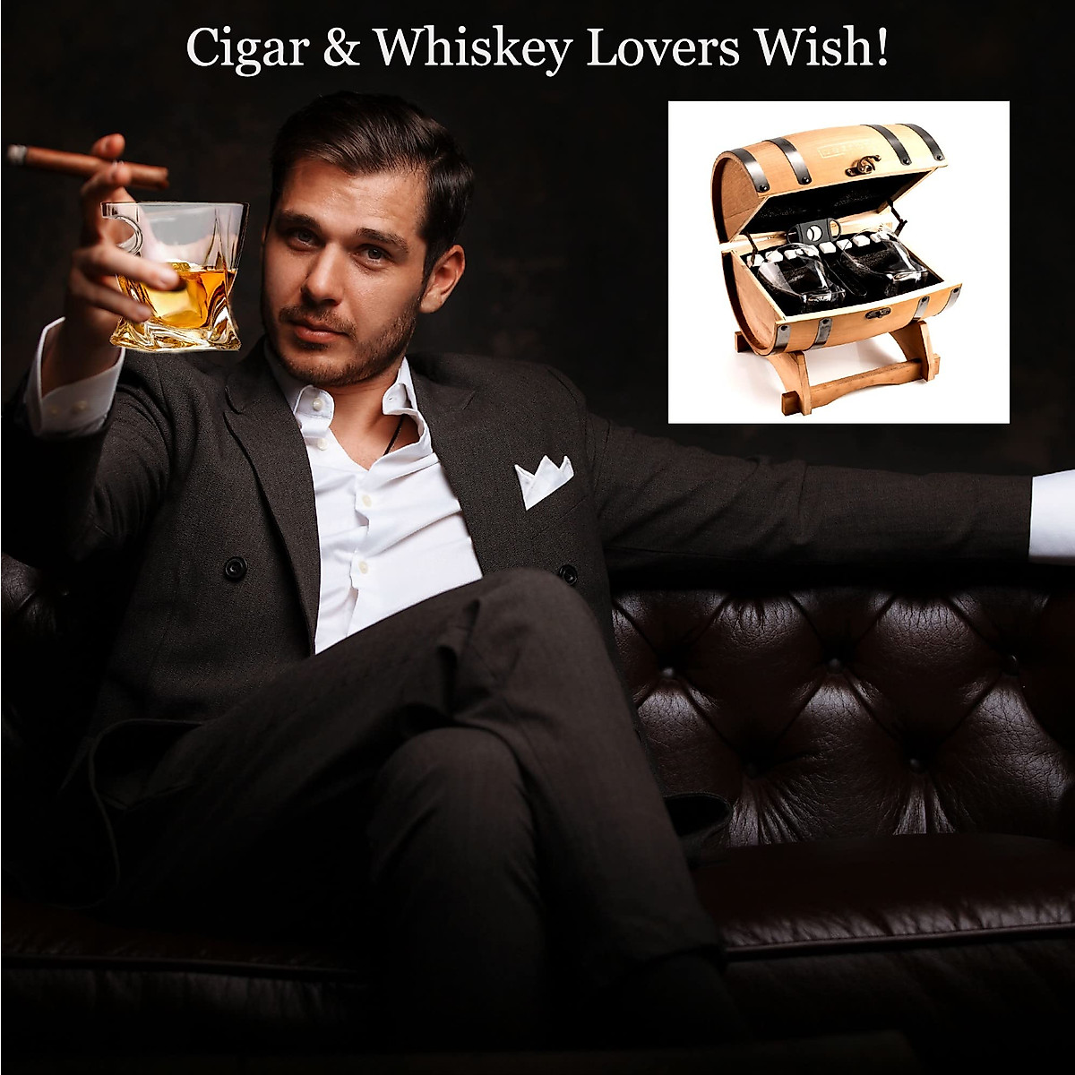 Whiskey Glasses Gifts for Men - Bourbon Whiskey Stones Unique Gift Set for Men in Whiskey Barrel Gift Box - Groomsmen Gifts for Men - Scotch Whiskey Glass Set Retirement Gift - Alcohol Gifts - Bezrat