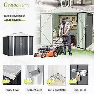 Greesum Metal Outdoor Storage Shed 8FT x 6FT, Steel Utility Tool Shed Storage House with Door & Lock, Metal Sheds Outdoor Storage for Backyard Garden Patio Lawn, Gray