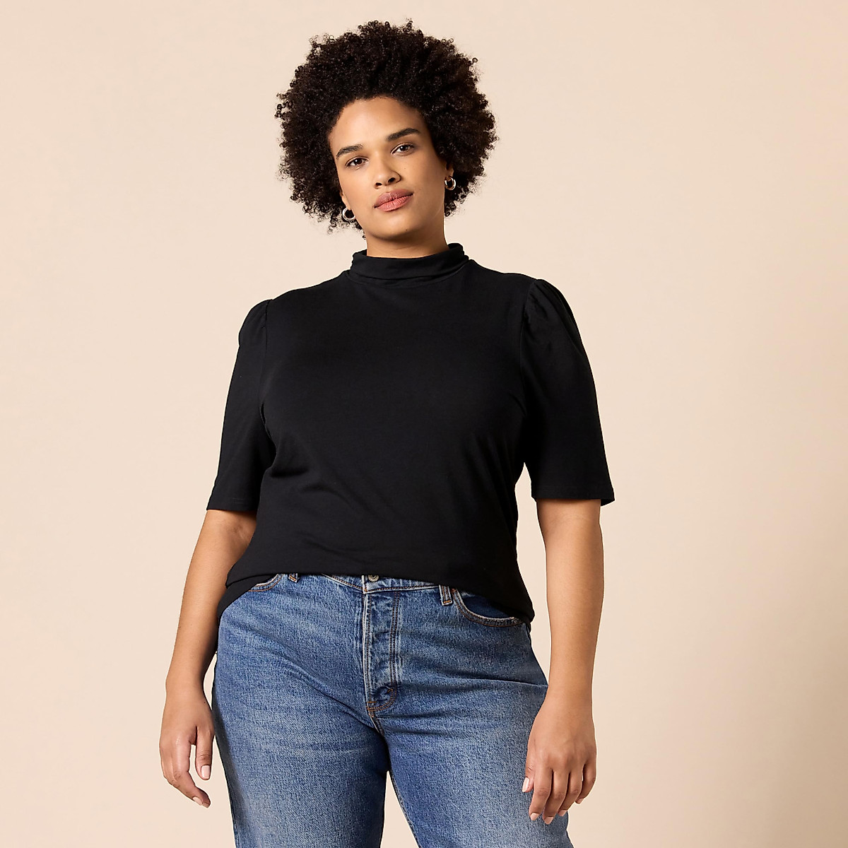 Amazon Essentials Women's Cotton Modal Draped Puff Sleeve Turtleneck, Black, Large