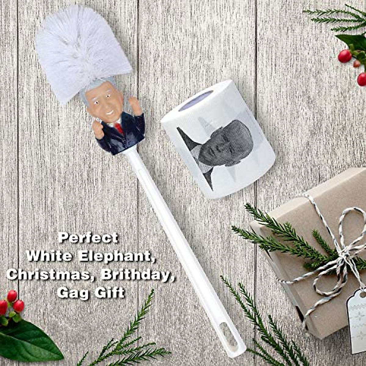 Joe Biden Toilet Paper and Brush With Holder | Funny Political Novelty Gag Gift | Make Your Friends and Family Laugh Out Loud | White Elephant Joke Gift