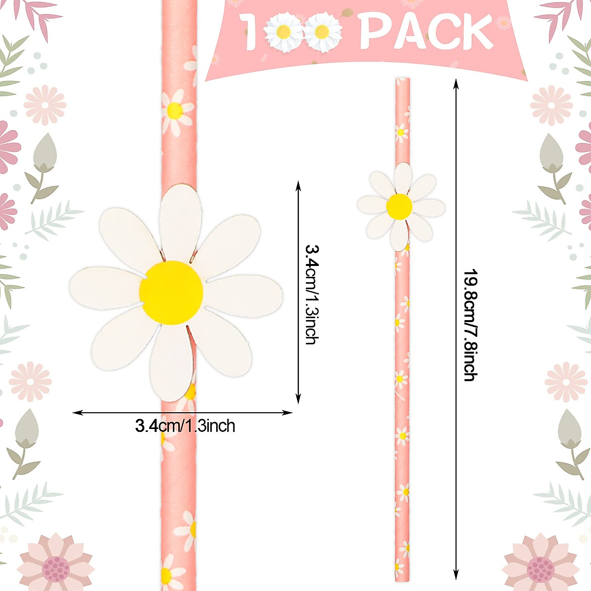 100 Pcs Daisy Paper Straws Daisy Party Decorations Disposable Two Groovy Daisy Straws Flower Straws Floral Pink Straws for Kids Girls Birthday Party Supplies Little Cutie Baby Shower Wedding Decor