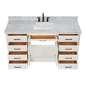 ARIEL Single Bath Vanity 67" White, 1.5" Carrara Marble Countertop & Splash, Rectangular Sink, 2 Soft Closing Doors, 9 Full Extension Dovetail Drawers, Toe Kick, Matte Black