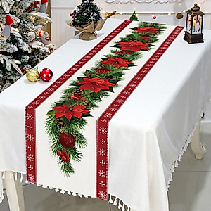 Netnology Watercolor Poinsettia Red Christmas Table Runner with White Snowflake,Seasonal Winter Xmas Party Decoration Holiday Indoor Home Kitchen Decor 13 x 72 Inch