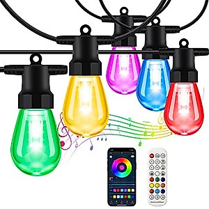 Outdoor String Lights Color Changing - 48FT Sync with Music Led Patio Lights Outdoor Waterproof with App and Remote Hanging 15 RGB Bulb Create Ambience for Garden, Cafe, Backyard, Christmas, Party