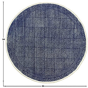 Casavani Indian Handmade Rug Geometric Blue & Beige Cotton Dhurrie Round Area Rug Best Uses For Garden Yoga Mat,Living Room,Kids Room,Bedroom, Bathroom,kitchen 3x3 4x4 3x3 Feet Round