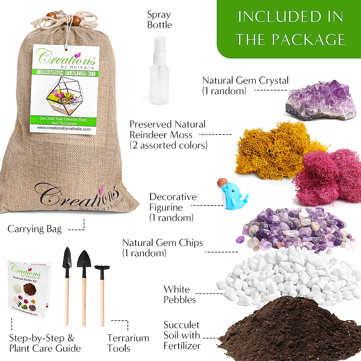 Creations by Nathalie – Premium Small DIY Succulent, Cactus, or Air Plant Terrarium Kit with Soil, Moss, Pebbles, Terrarium Tools, Amethyst Gem, Crystal Chips - Handmade in USA