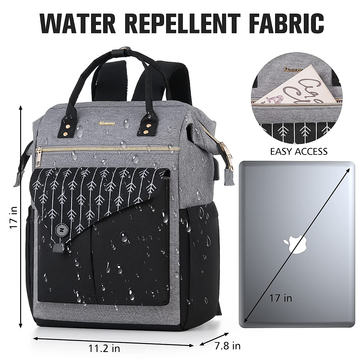 MOMUVO Laptop Backpack for Women Laptop Bag with USB Port, Student Bookbag Water Resistant Backpacks Teacher Doctor Nurse Work Backpack Stylish Travel Bags, Fits 17-Inch Laptop Grey Black