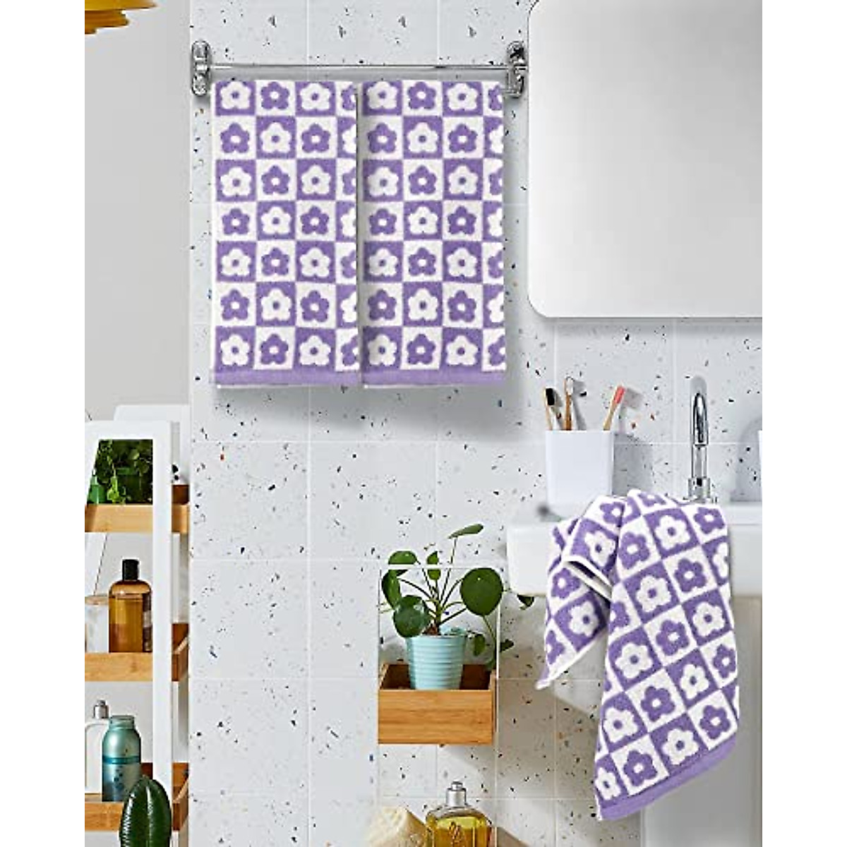 Cotton Face Towels Set of 4 - Checkered Floral Bathroom Hand Towels for Everyday Use, 29” x 13” Lilac
