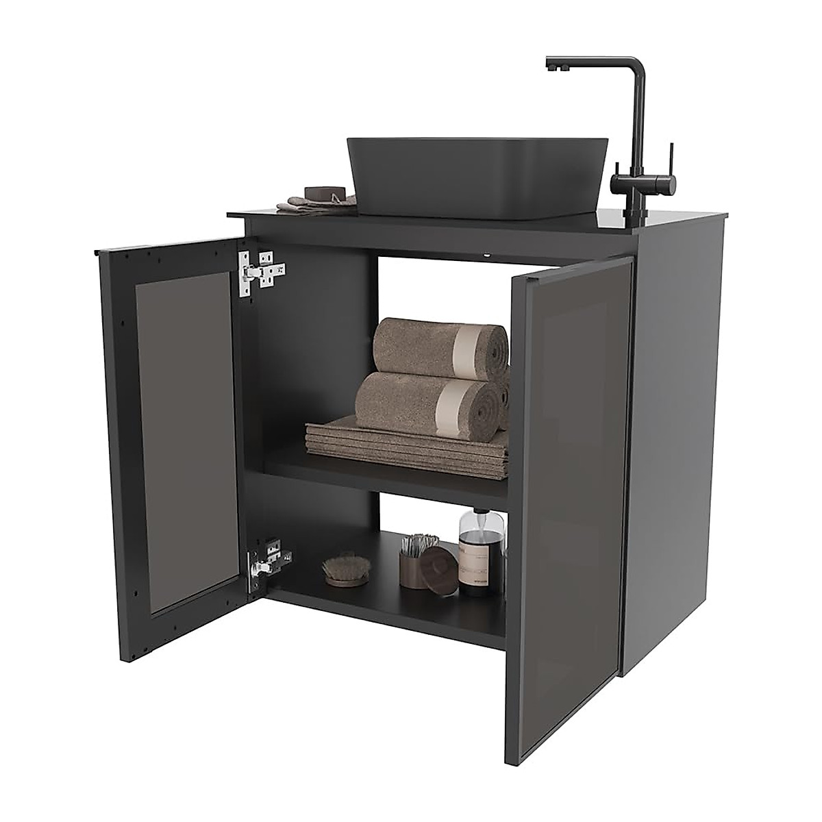 COZIMAX Umbu Combo Black Steel Bathroom Vanity Set 24" with Tempered Glass Countertop and Door, Black Square Ceramic Sink