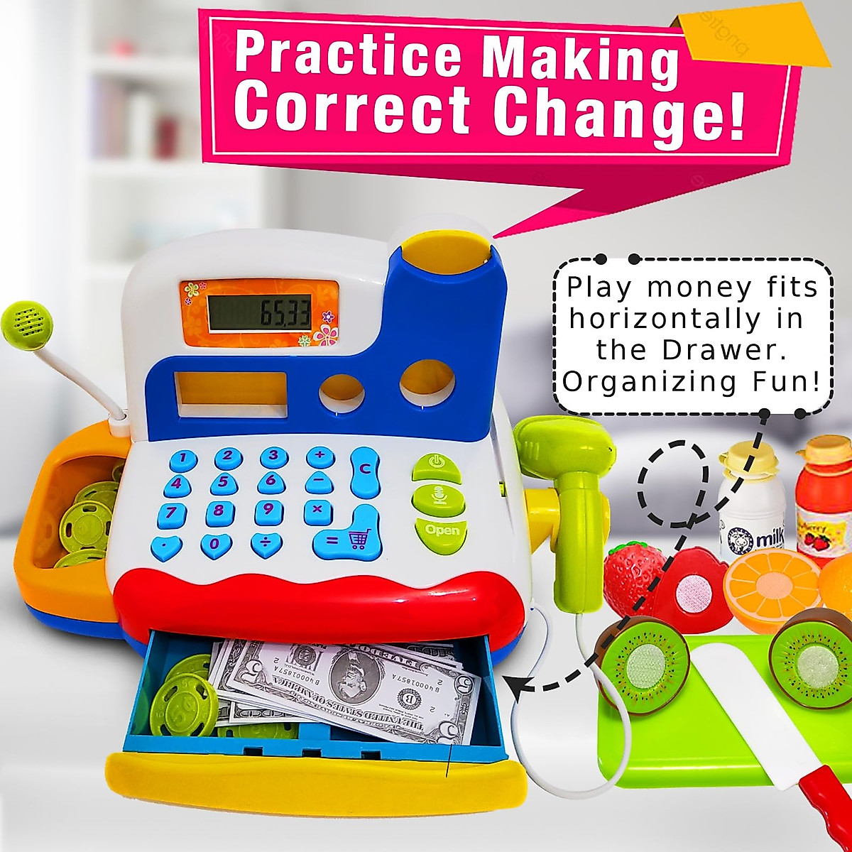 FUNERICA Toy Cash Register with Scanner, Microphone, and Interactive Calculator. Includes Grocery Food, Cuttable Fruit, Pretend Play Money - for Toddlers and Kids