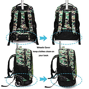 Tilami Rolling Backpack 19 inch with Lunch Bag Wheeled Laptop Backpack, Dinosaur Camouflage