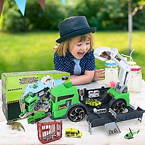 Siairo Dinosaur Toys, Dinosaur Truck Carrier, Dinosaur Transport Truck Car Toy for Kids 3 4 5 Year Old, with 3 Cars, 3 Dinosaurs, Manipulator, Helicopter, Cage, Gift for Boys Kids Toddlers