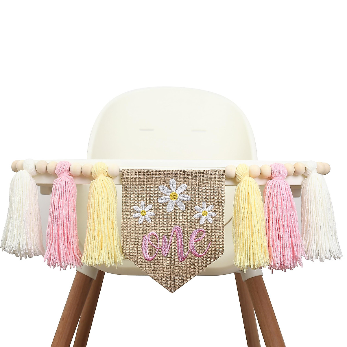 HGFC Daisy Tassel High Chair Banner - Wood Bead Tassel 1st Birthday Banner - Daisy Theme First Birthday Party Decoration - 1st Birthday Baby Girls Tassel Garland