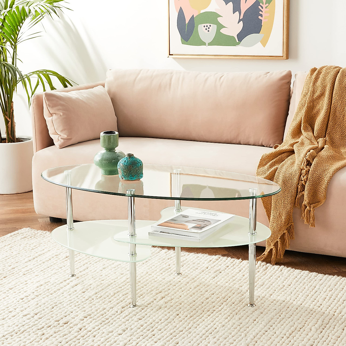 Walker Edison Modern Glass Coffee Table Living Room Accent Ottoman Storage Shelf, 37 Inch, Glass