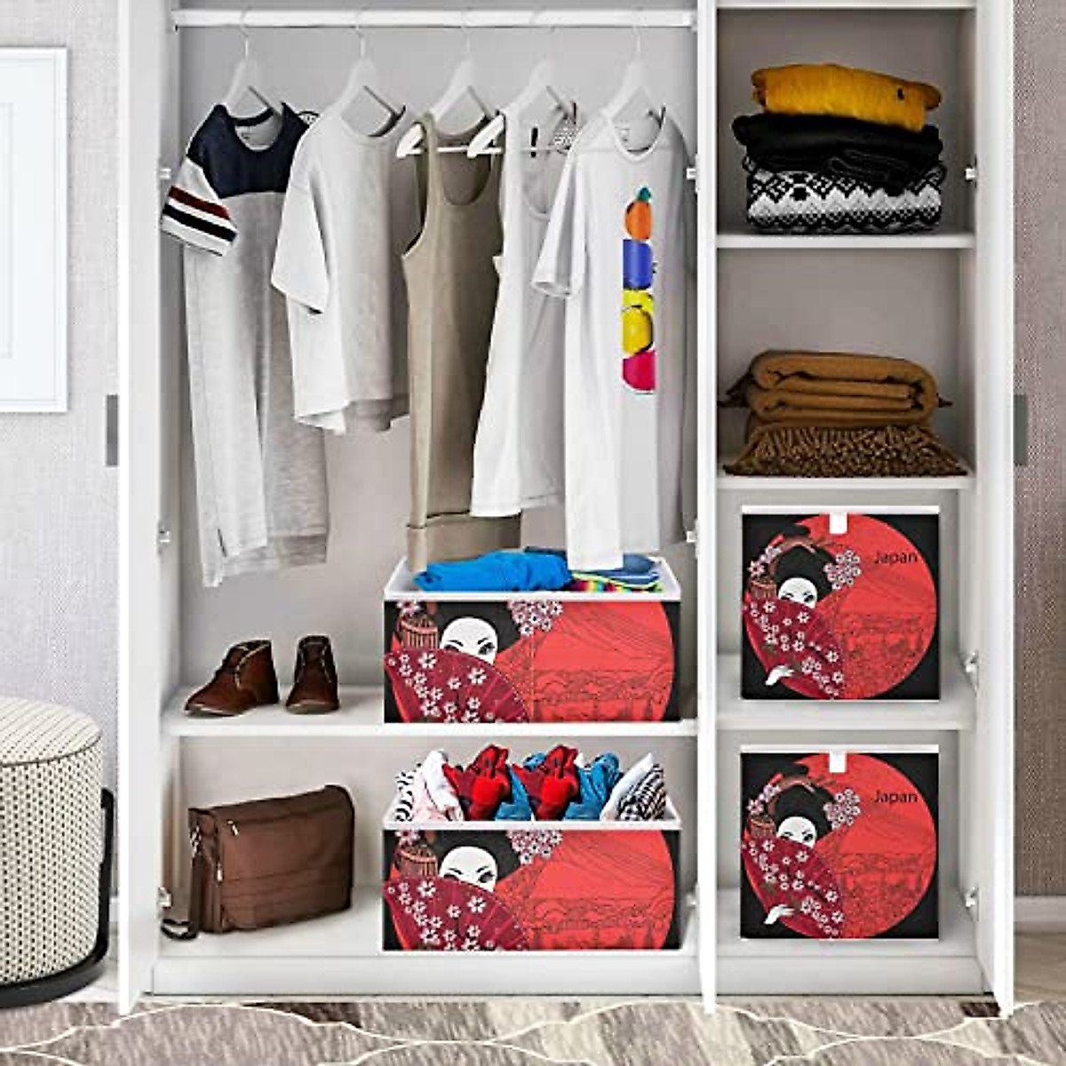 Japanese Woman Girl Hairstyle Cherry Blossoms Mount Fuji Red Style Rectangular Storage Basket Bin, Collapsible Storage Box, Foldable Nursery Baskets Organizer for Toy, Clothes Easy to Assemble