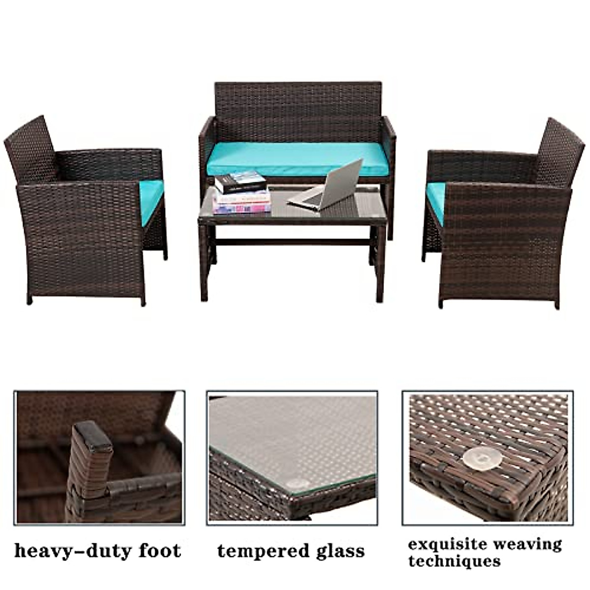 FAYEAN Patio Furniture Set 4 Pieces Outdoor Wicker Rattan Chairs Patio Sofa for Garden Porch Backyard Lawn Pool Green