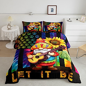 Manfei Peace Symbol Comforter Set Queen Size, Cute Gnome Guitar Quilt Set with 2 Pillowcases, Yellow Sunflower Bedding Set 3pcs for Kids Girls Bedroom Decor, Colorful Tie Dye Duvet Insert