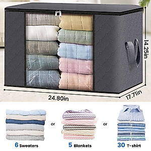 HomeHacks Storage 3-Pack Clothes Organizer Storage Bags Foldable Storage Box with Large Clear Window Sturdy Handles for Closet, Dorm, Pillows, Bedding, Clothes, Stuffed Toys, Blankets, 100L, Grey