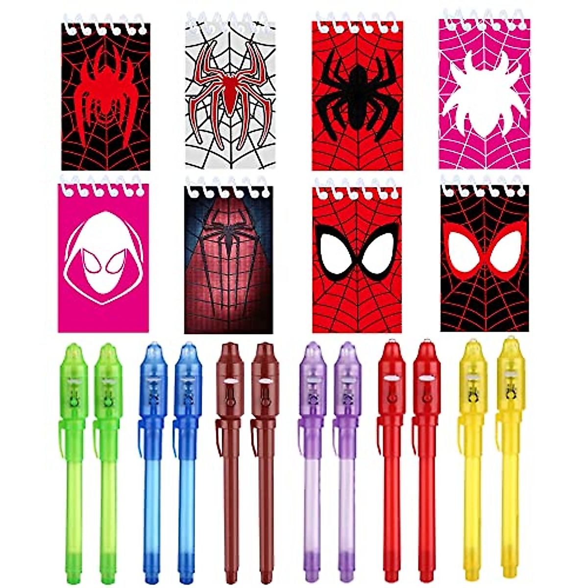 Jiaoohoo Spider Hero Party Favors | Set of 12 Invisible Ink Pen and Mini Notepads | Goodie Bag Stuffers for Superhero Game Party, Gifts, Classroom Prizes