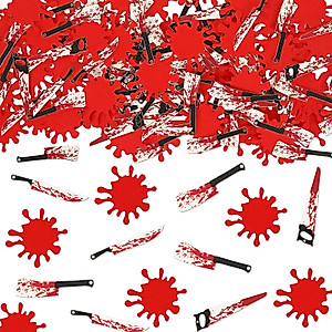 Whaline 300Pcs Halloween Bloody Confetti Scary Spooky Red Blood Drops Saw Chopper Fruit Knife Shape Paper Confetti Table Decor for Halloween Horror Theme Party Supplies