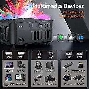 4K FHD WiFi Projector, Bluetooth Projector, 200" Portable Movie Projector, 13000 Lumens 500 ANSI Home Theater Video Projector Compatible with HDMI, USB, Laptop, iOS & Android Smartphone