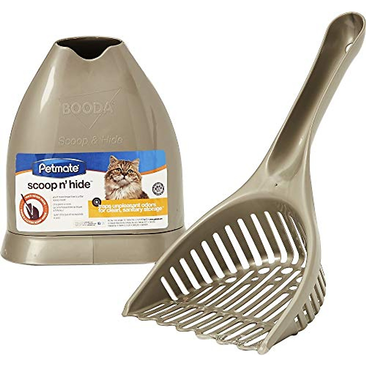 Petmate Scoop and Hide Cat Litter Scoop with Storage Compartment and Built-in Rake, Durable Long Handle Litter Scooper, Deep Shovel for Maximum Sifting