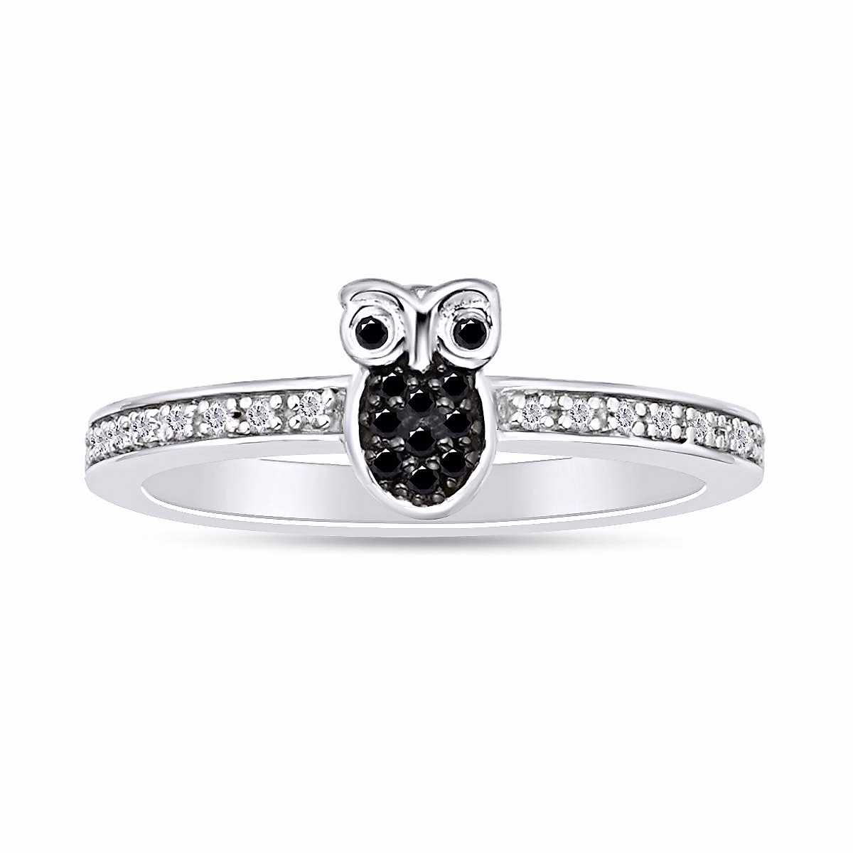AFFY 1/10 Carat CTTW Round Cut Black And White Natural Diamond Owl Ring In 14K White Gold Over Sterling Silver (0.10 Cttw, I2-I3 Clarity)